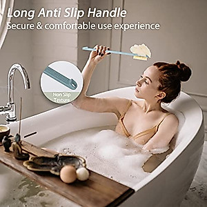 IMAVO Shower Body Brush,Dual-Sided Bath Brush with Bristles and Loofah,Long Handle Back Scrubber for Shower,Anti Slip Back Washer for Skin Exfoliating,Suitable for Wet or Dry Brushing(Blue)