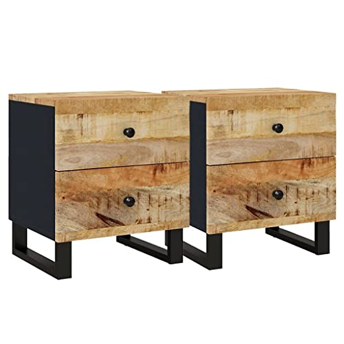 YAFF 2 Pcs Rustic Wood Side Cabinet, 2-Tier Bedside Cabinet with 2 Drawers & Metal Legs, Small Night Stand End Table Dresser Bedside Furniture for Bedroom, Nursery, Small Space,15.7"x13"x18.1"-Natural