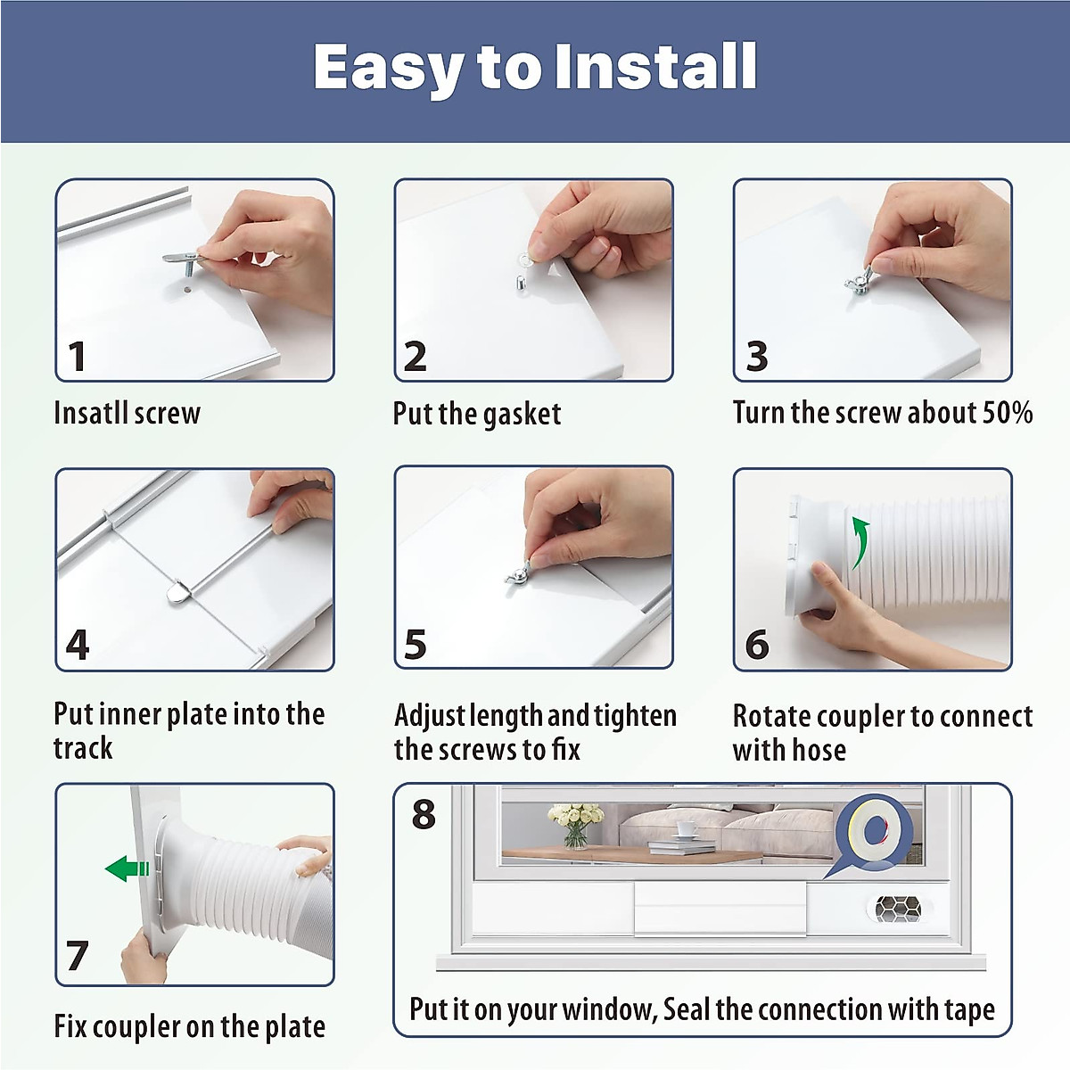 Portable AC Window Seal Kit with 5.1" Coupler, Lafinynp Adjustable Air Conditioner Window Vent Kit for AC Unit, Sliding AC Plates Kits for 17-47" Vertical/Horizontal Window and 5.1" Hose(3Pc)
