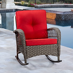 MeetLeisure Patio Wicker Rocking Chair - All-Weather Outdoor Rocker Chair with Safe Rocking Design and Premium Fabric Cushions (Mixed Grey/Red)