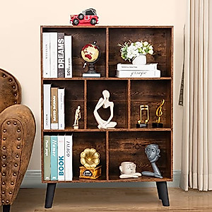 LELELINKY Mid Century 7 Cube Bookshelf,3 Tier Modern Bookcase with Legs,Rustic Brown Bookshelves Storage Organizer Shelf,Wood Short Book Shelves,Free Standing Display Bookcases for Bedroom,Living Room