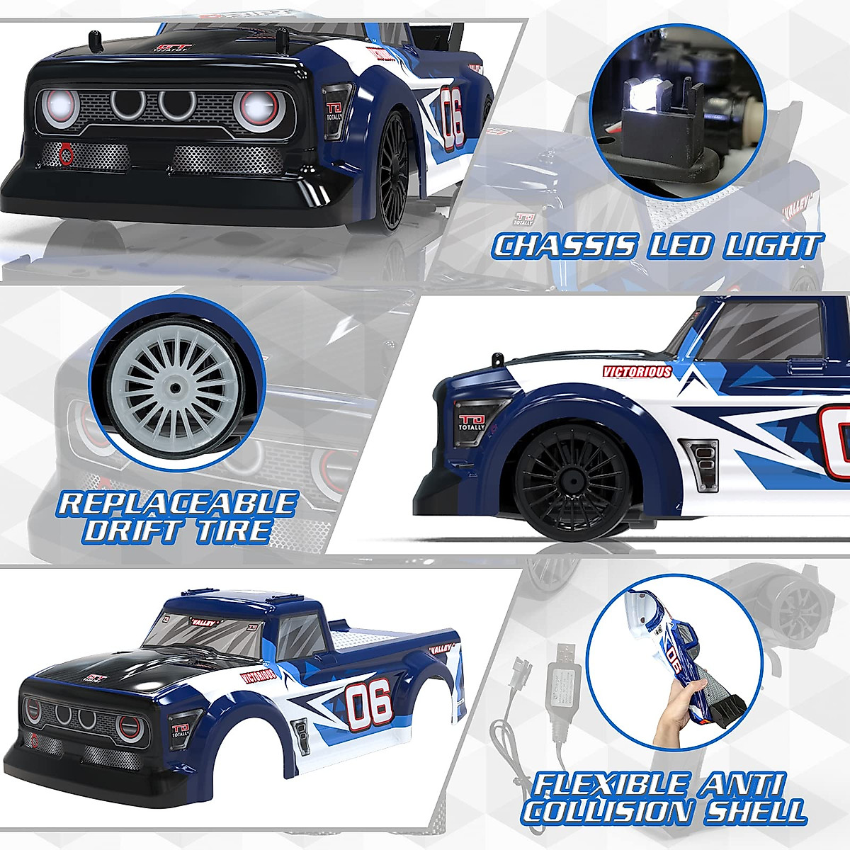 28℃ RC Car 2.4Ghz Remote Control 1:14 Scale RC Drift car for Adults Kids Gifts 4WD RTR High Speed RC Vehicle with LED Light (Blue) (Blue-Truck)