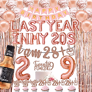 29th Birthday Decorations for Women include Last Year In My 20s Balloon Banner I AM 28+1 Glitter Banner 29 Birthday Cake Topper Cupcake Toppers Number 29 Foil Balloons Whiskey Balloon