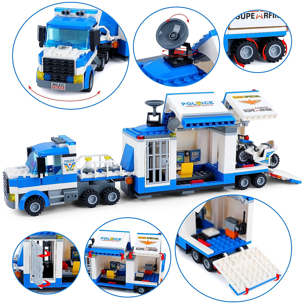 City Police Mobile Command Center Truck Building Blocks Kit Toys, Police Vehicles Series Prison Break Jail Set with Action Cop Motorbike, ATV, Arms Play Set for Boys and Kids Age 5+ (483 Pieces)