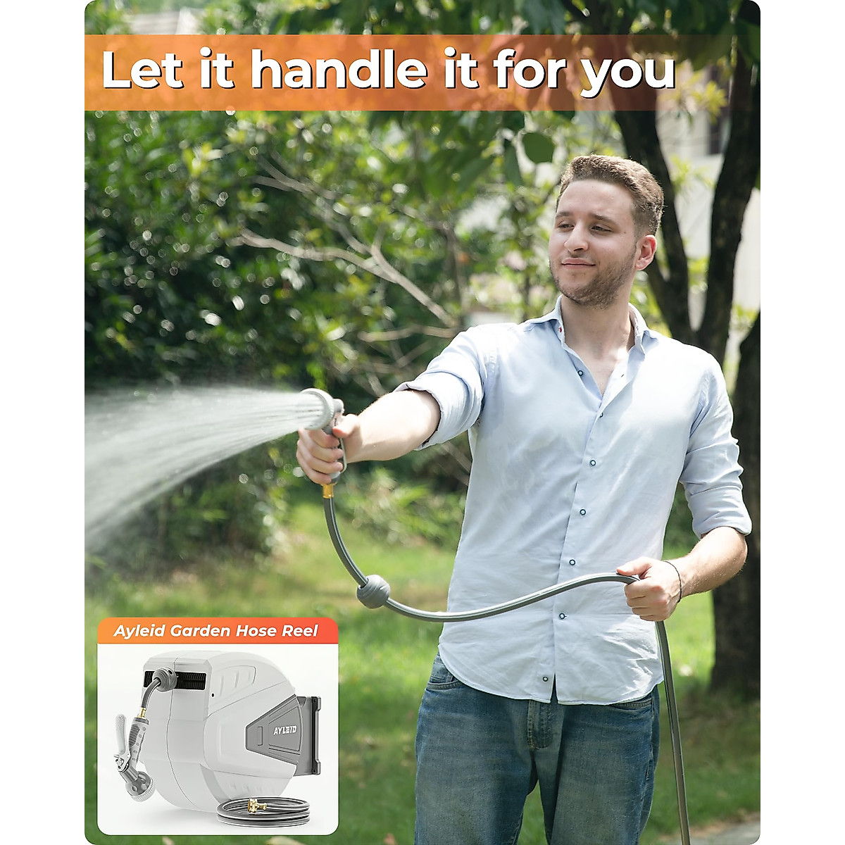 Ayleid Retractable Garden Hose Reel,5/8 in x 100 FT Wall Mounted Hose Reel, with 9- Function Sprayer Nozzle, Any Length Lock/Slow Return System/Wall Mounted/180°Swivel Bracket (Grey)