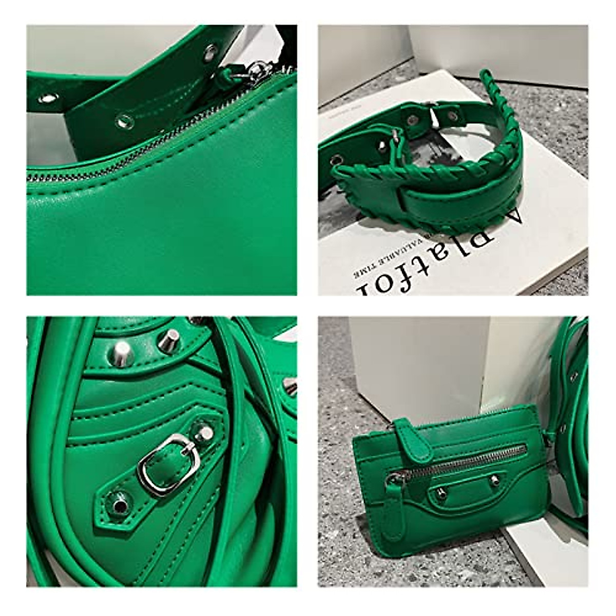 Retro Punk Style Rivet Hobo Bag + Mini Purses, Pleated Crescent Bag, Personality Satchels/Shoulder/Crossbody Bag for Women
