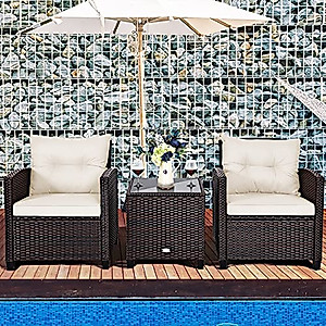 KOTEK 3 Piece Patio Furniture Set, Outdoor Conversation Set with Washable Cushions & Tempered Glass Tabletop, PE Rattan Wicker Bistro Set for Porch, Garden, Balcony (White)