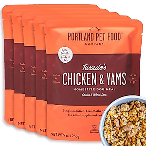 Portland Pet Food Company Tuxedo’s Chicken & Yams Wet Dog Food Pouches - Human-Grade, Gluten-Free Dog Food Toppers and Meals for Small, Medium and Large Breeds - Fresh Dog Food Made in the USA - 5-Pk