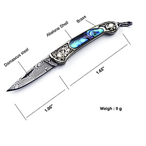 JPCRMOV Mini Pocket Knife Damascus Keychain for Women, Small Folding Knife EDC Compact Knife, Abalone Shell Handle, Blade Length 1.06", Weighs only 9 Grams