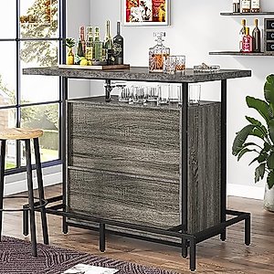 Tribesigns Home Bar Unit, Industrial 3-Tier Liquor Bar Table with Glasses Holder and Wine Storage, Wine Bar Cabinet Set Mini Bar with Footrest for Den Home Pub (Gray)