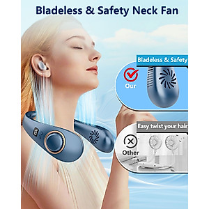 Portable Neck Fan Rechargeable,Personal Fans for Your Neck Battery Operated,Bladeless Folding Neck Fans that Blow Cold Air,Cooling Neck Fan Hands Free,Wearable Necklace Fan for Women Men Kids Blue