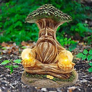 Zen Tree Man Solar Statue Meditation Old Man Figurine with LED Light Fairy Garden Tree Elf Gnome Statue，for Outdoor Decor Patio Yard Lawn Porch Halloween Decoration,11" Tall