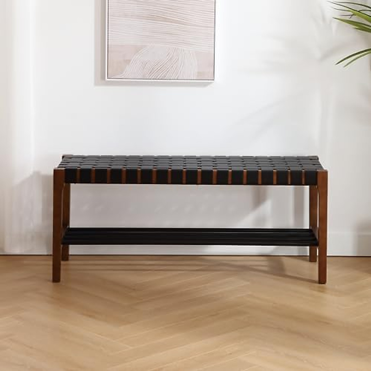 Janoray Solid Wood Bench, Modern 45" Long Dining Bench with Faux Leather Woven Strips & Metal Shelf Comfy Seat for Entryway/Dning Room/Bedroom, Black