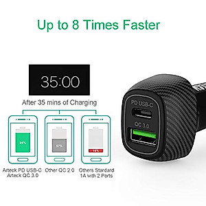 Car Charger, Arteck 40W/8A PD USB-C/Quick Charge 3.0 USB Port Adapter with 2 USB Port, Compatible iPhone 14 14 Pro 13 13 Pro Max 13 Mini 12 11 SE Xs Xr X, iPad, Samsung Galaxy Note Other Smartphone