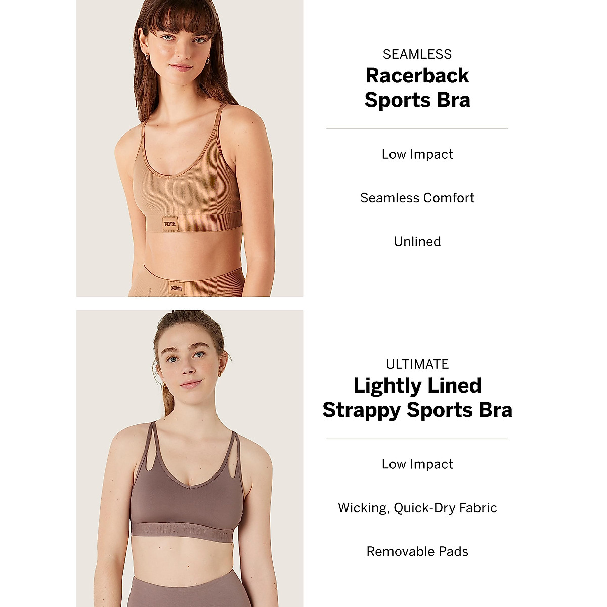 Victoria's Secret Pink Seamless Sports Bra, Low Impact Bras for Women, Racerback, Black (XL)