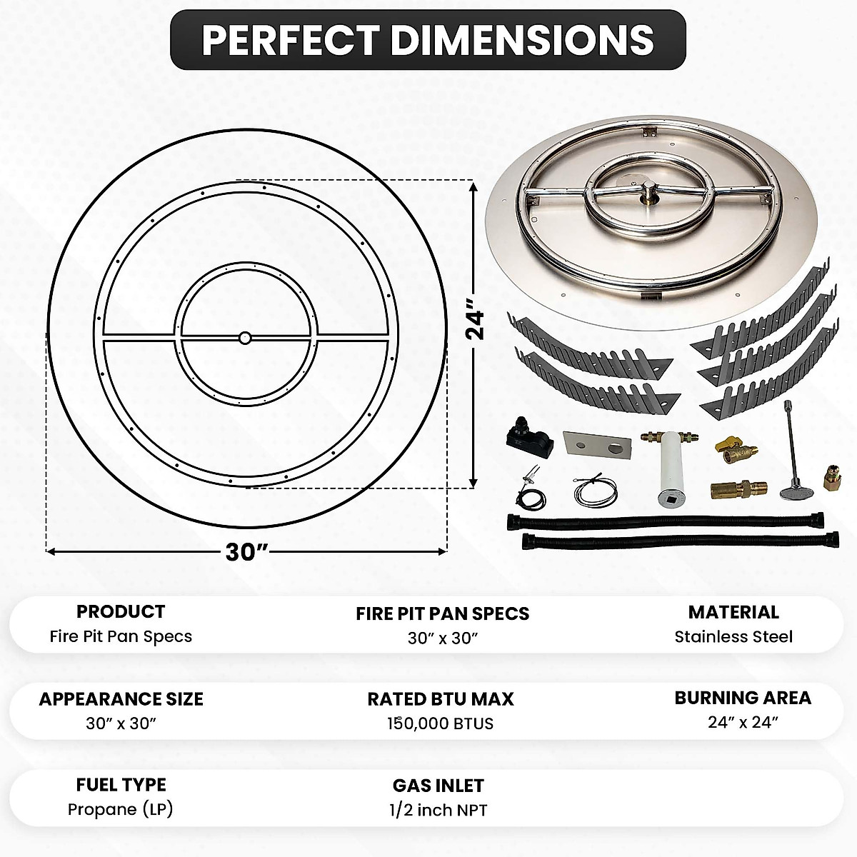 Dreffco Stainless Steel Fire Pit Burner Pan & Ring Pro Kit for Liquid Propane, 30-Inch Pan, 24-Inch Ring, 150,000 BTU Max