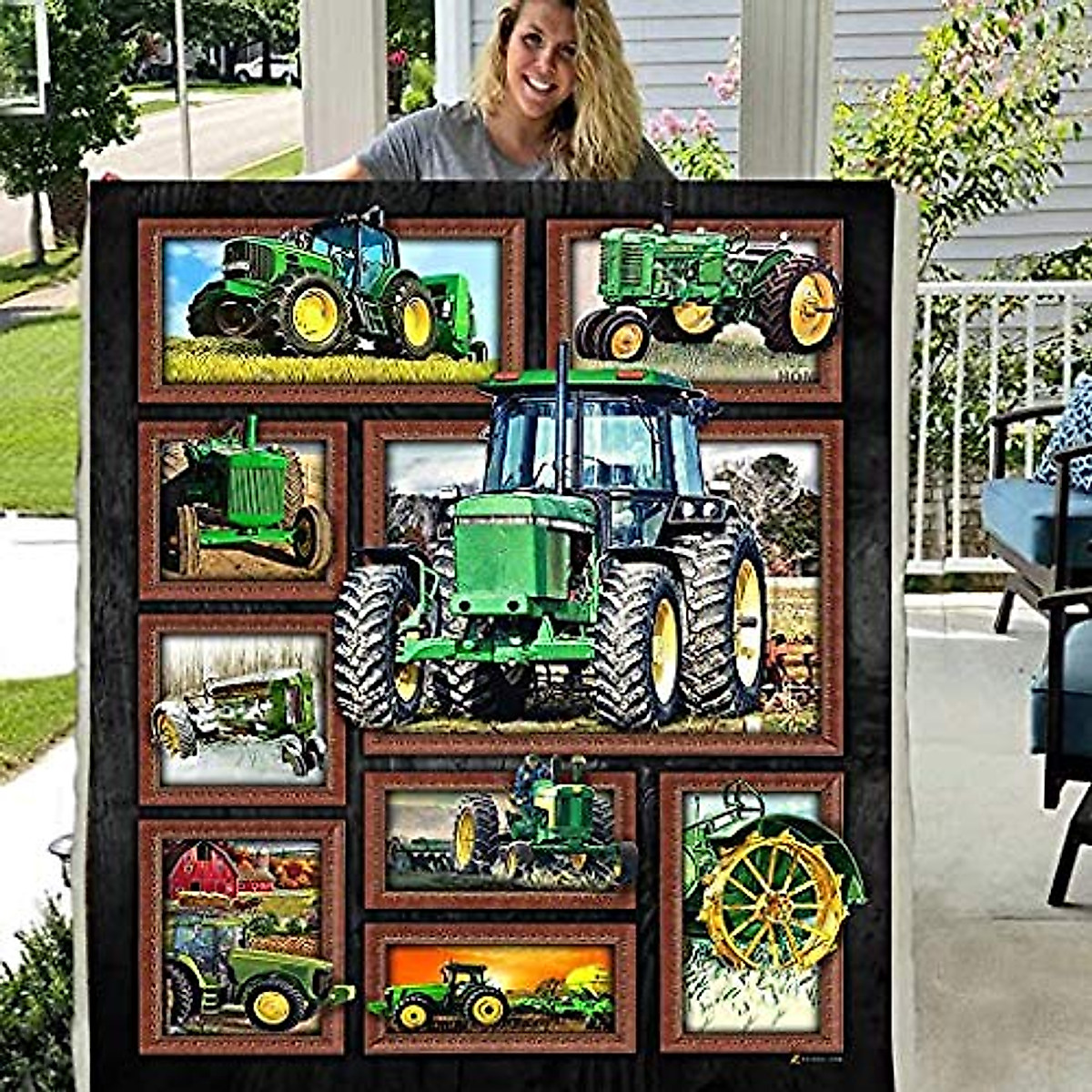 Green Tractor Machinery Front Flannel Back Sherpa Fleece Blanket Gift for Truck Driver Lover Wife Kids (X-Large 80 X 60 INCH)