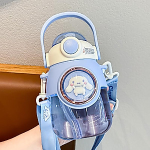 28 oz Kawaii Water Bottle for Girls, Cute Water Bottles with Straw and Shoulder Strap, Large Capacity Portable Summer Leak Proof Water Bottle for Kids,820ML (Blue)
