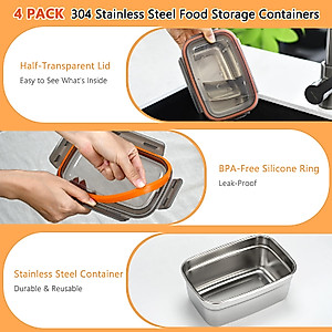 4 Pack Food Storage Containers with Lids, Stainless Steel Fridge Storage Containers Airtight Leak-Proof Metal Storage Containers for Food Leftover Storage at Home or for Camping Trip Road Trip