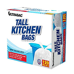 Ultrasac 13 Gallon 0.6 MIL Tall Kitchen Bags With Twist Ties - 24" x 27" - Pack of 120 - For Home, Kitchen, Office, White, (ULR-TK13G-SC-120C)