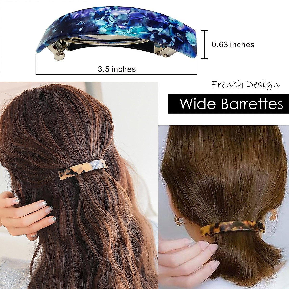 HYFEEL Large French Barrettes for Women Fine Thick Hair, Classic Tortoise Shell Hair Clips Wide Curved Celluloid Ponytail Holder Clamp Fashion Hair Accessories Automatic Clasp Hairgrips 3 Pack