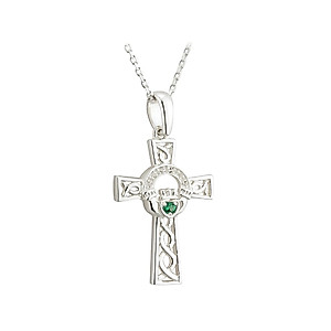 Biddy Murphy Claddagh Celtic Cross Necklace for Women, 925 Sterling Silver, Traditional Emerald Green CZ Cubic Zirconia, Imported from Ireland, 3/4" W x 1 1/8" H