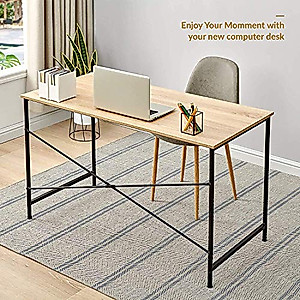 Coavas 47 inch Office Computer Desk Large Study Desk Simple Writing Table Workstation for Home, Oak Tabletop with Black Frame