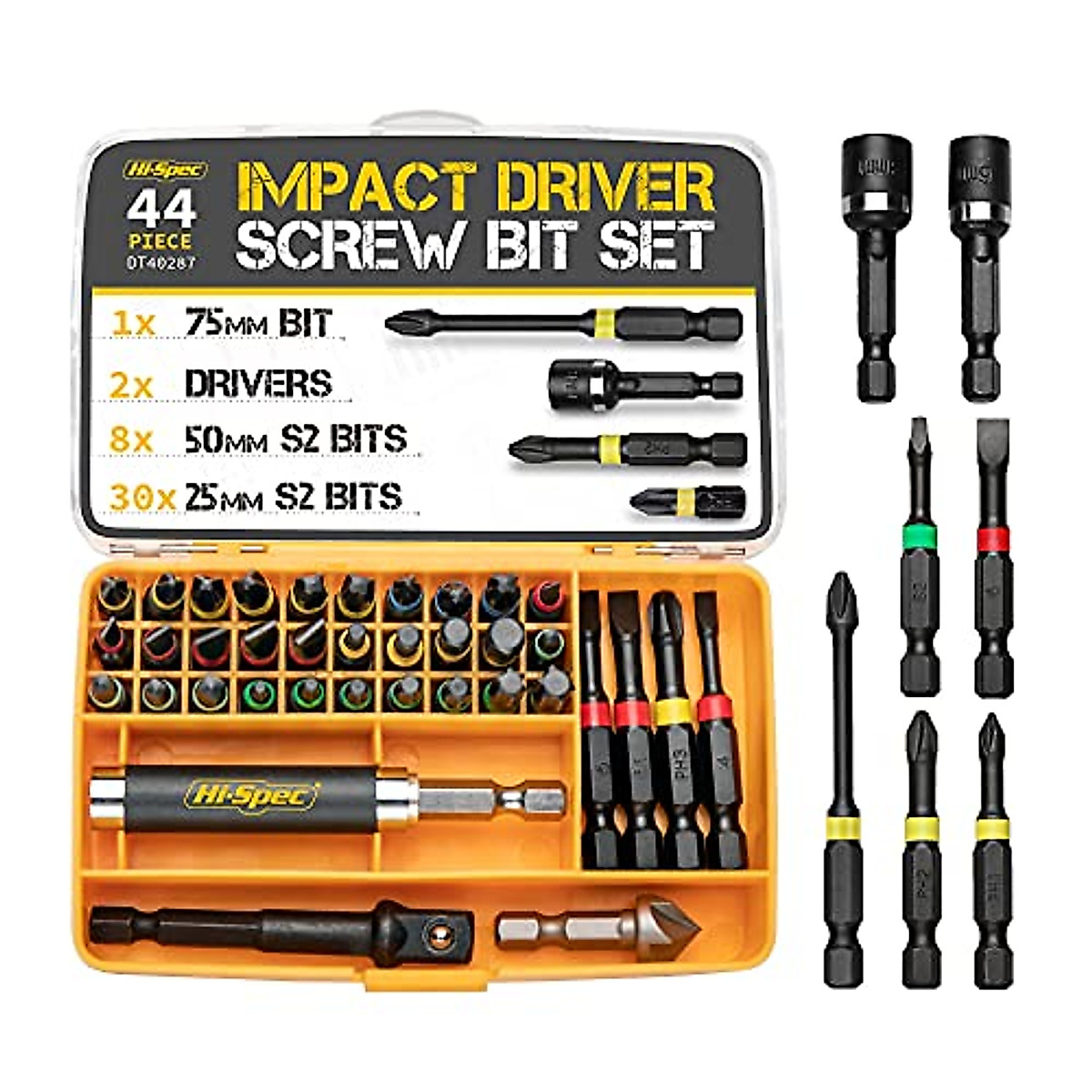 Hi-Spec 44pc Metric 1/4in Impact Screw Driver Bit Set. Hex Shank S2 Steel Screwdriver Bits Box Set for Electric Drill Drivers and Power Screwdrivers