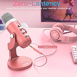 ZealSound Gaming USB Pink Microphone with Quick Mute for Phone Computer PC PS5,Studio Mic with Gain Control,Echo&Monitor Volume Adjust for Streaming Vocal Recording ASMR Podcast Video K66