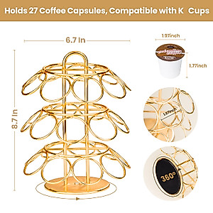 KREWEY Coffee Pod Holder, K Cup Holders，Coffee Pod Storage Compatible with K Cups (27 Pods), Spins 360-Degrees Coffee Pod Carousel Holder Organizer, Modern Gold Design (Round,Shining Gold)
