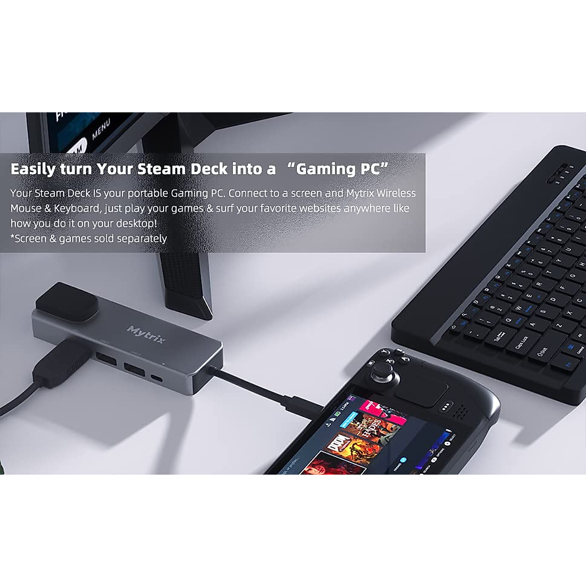 Steam Deck Travel Accessories 6-IN-1 Complete Set Mytrix Hard Carrying Storage All Protective Anti Shock Messenger Bag Soft Lining Fit Steam Deck Console, Charger & Accessories (Colorful Keyboard & SD Card)