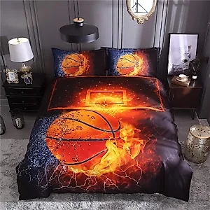 Tenghe 3D Basketball Duvet Cover Sets Fire Water Print for Teen Boys Kids Sports Bedding Sets Bed Cover 1 Duvet Cover + 1 Pillowcases(Basketball,Twin)