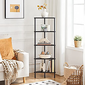 HOOBRO Corner Shelf, Industrial 5-Tier Wall Corner Bookshelf with Metal Frame, Corner Shelf Stand Display Plant Flower, Corner Bookcase for Small Spaces, Bedroom, Living Room, Black BK33CJ01