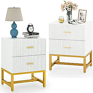 Tribesigns 2-Drawer Nightstand Set of 2, Modern Striped Night Stands Bed Side Table with Storage, White and Gold End Table Wood Metal Side Table for Living Room, Bedroom