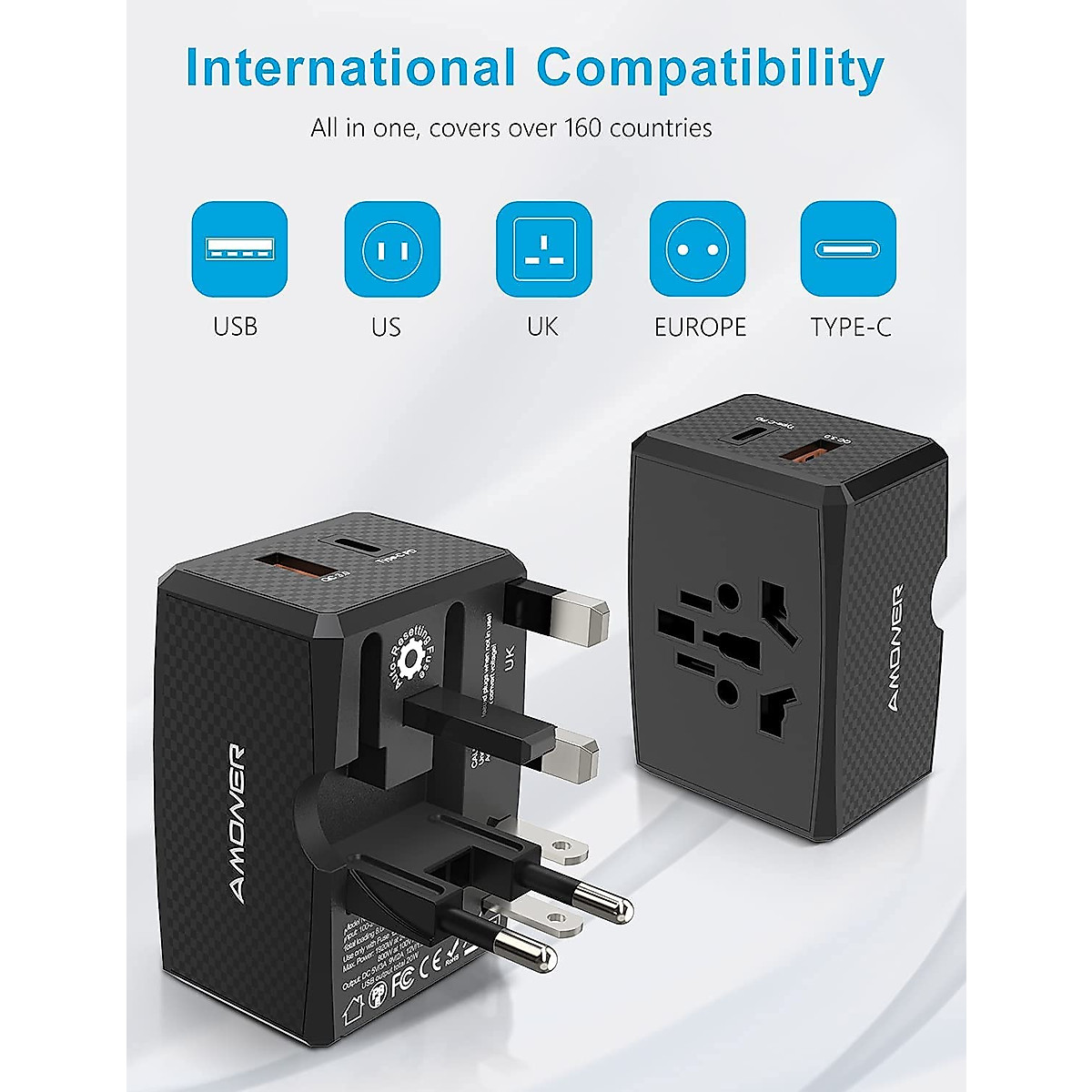 World International Travel Plug Adapter by Amoner - Powerful with Type C and USB Wall Charger Type I C G A Outlets 110V 220V A/C - EU Euro US UK AU