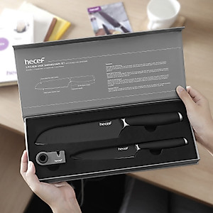 hecef Kitchen Knife Set with Mini Knife Sharpener, 3 PCS Professional Knives Set for Kitchen, Professional Knives Set Full Tang with Gift Box for Cutting Meat, Fruit, Vegetables