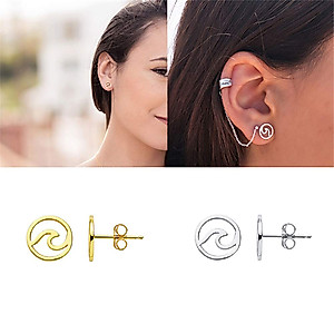 Minimalist Round Ocean Wave Tiny Stud Earrings for Women Men Sterling Silver Simple Small Studs Tragus Post Hypoallergenic Holiday Sea Beach Jewelry Gifts for Surfer Lover (Silver)