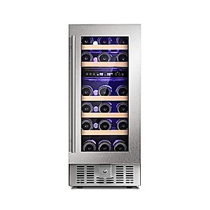 Joy Pebble Wine Cooler 28 Bottle Dual Zone Built-in Wine Cellar with Stainless Steel & Double-Layer Tempered Glass Door and Temperature Memory Function
