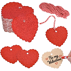 Whaline 150Pcs Glittery Valentine's Day Paper Tags with 98.4ft Cotton Rope Red Heart Shape Gift Tags Kraft Paper Hanging Labels for Mother's Day Wedding Anniversary DIY Crafts Party Favor Supplies