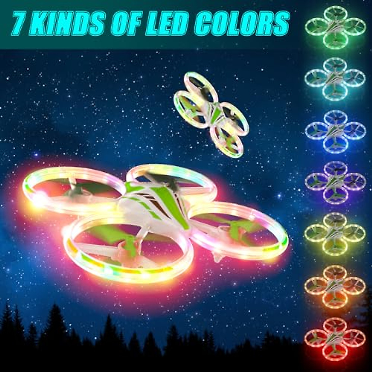 NXONE Drone for Kids and Beginners Mini RC Helicopter Quadcopter Drone with 7 color LED Lights, Altitude Hold, Headless Mode, with Remote Control (White Green)