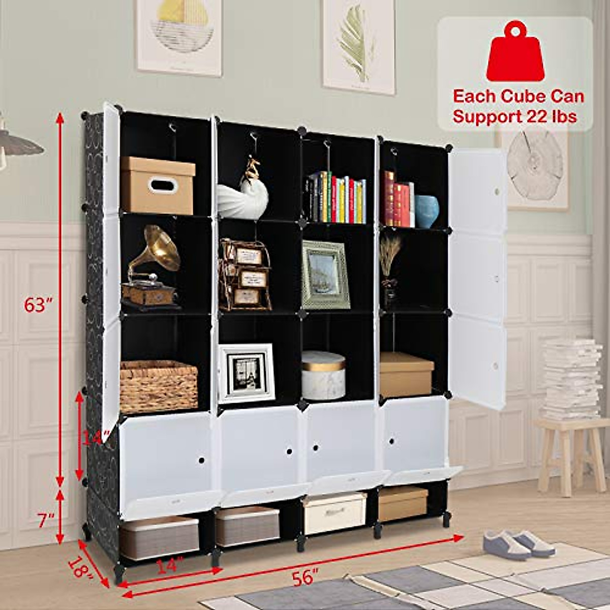 VINGLI Portable Closet Shelves, 16 Cube Clothes Organizer, Plastic Playroom Storage, Storage Closet, DIY Cube Storage Organizer with Doors and Hanging Rods
