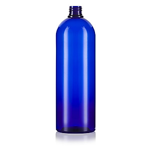 JUVITUS 32 oz Cobalt Blue Boston Round Plastic Bottles with White Heavy Duty Industrial Trigger Sprayer (4 Pack)