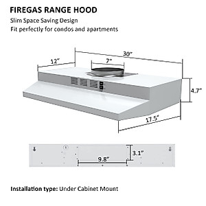 FIREGAS Range Hood 30 inch Under Cabinet Range Hood with 2 Speed Exhaust Fan,Ducted/Ductless Convertible,Rocker Button Control,300 CFM, White Vent Hood Aluminum Filter Included