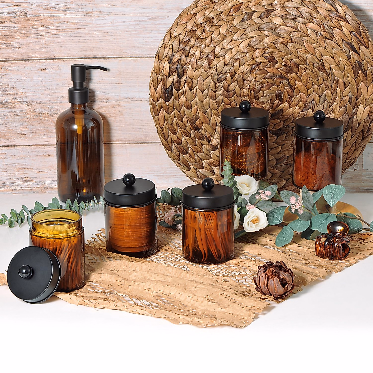 Amolliar Amber Glass Qtip Holder, Apothecary Jars with Matte Black Metal Lid & Stickers-Bathroom Qtip Dispenser Storage Organizer Set,Vanity Counter Canister for Cotton Swabs,Round Pads,Floss (2 Pack)