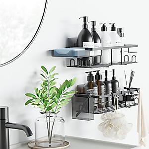 Eowihor Shower Caddy, 5 Pack Adhesive Bathroom Shower Organizer Large Capacity Shower Shelves Storage Stainless Shower Rack with Toothbrush Holders, Soap Holder and Removable Hooks for Home Kitchen