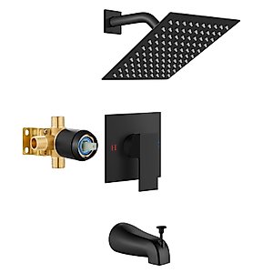 Airuida Shower Faucet Set with Tub Spout Bathtub Faucet Kit Complete Tub Shower Trim Kit with Solid Brass Rough-in Valve and 8 Inch Square Rainfall Showerhead Bent Shower Arm Matte Black