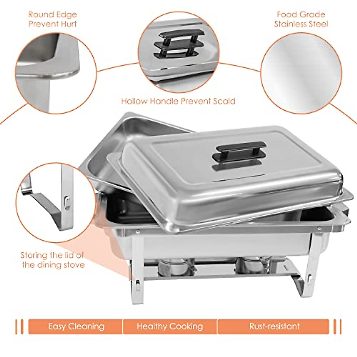 GRANDMA SHARK 4 Packs 8QT Stainless Steel Rectangular Chafing Dishes Sets with Alcohol Furnace for Catering Buffet Warmer Set Chafing Dish Buffet Set Food Warmers for Parties with Folding Frame