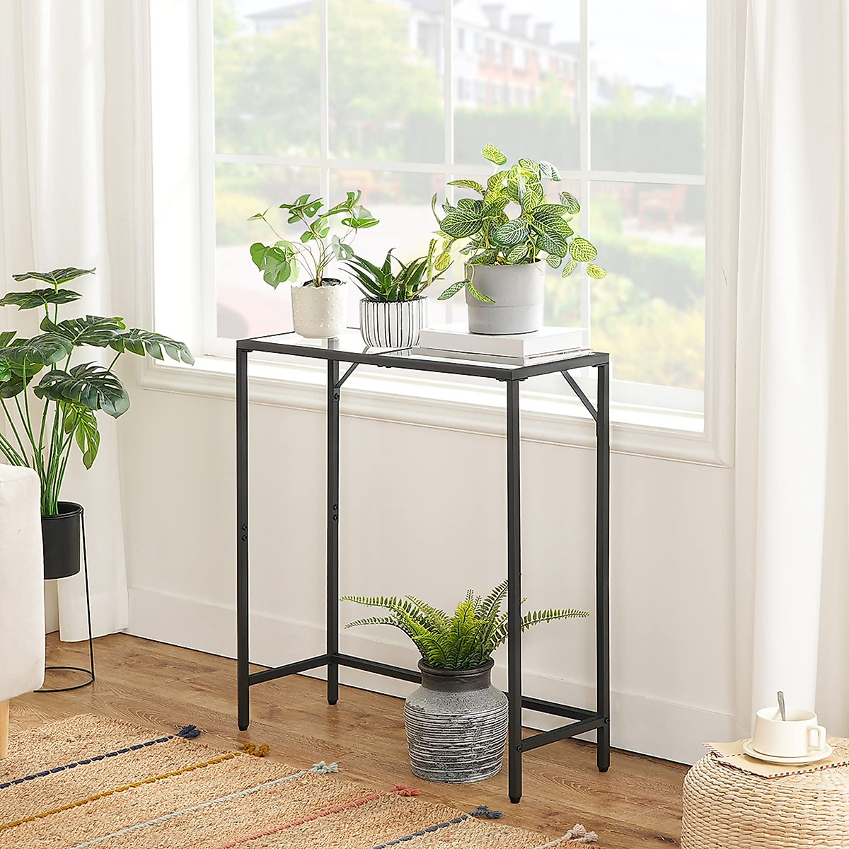 MAHANCRIS Console Table, 27" Narrow Behind Sofa Table, Tempered Glass Entryway Table with Metal Frame, Adjustable Feet, Industrial Style, for Entrance, Living Room, Hallway, Balcony, Black CTH68B01