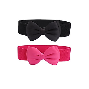 Allegra K Women Press Studs Closure Bowknot Elastic Waist Belt Fuchsia+Black