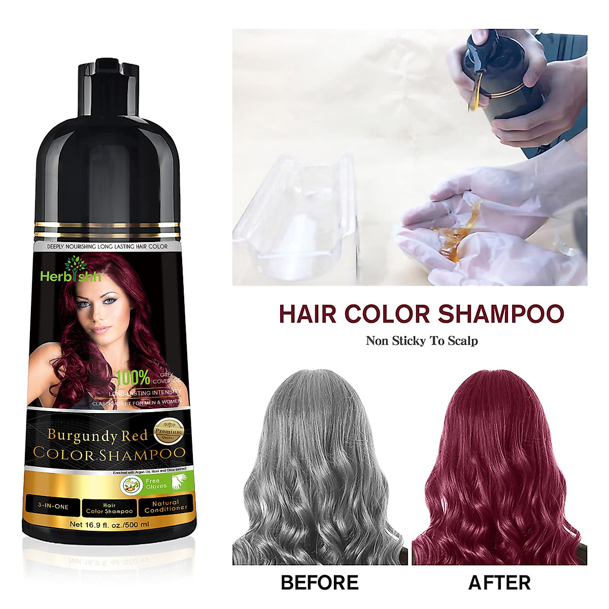 Herbishh Burgundy 3-In-1 Hair Color Shampoo for Gray Hair Magic Hair Dye Shampoo Colors Hair in MinutesLong Lasting500 MlAmmonia-Free